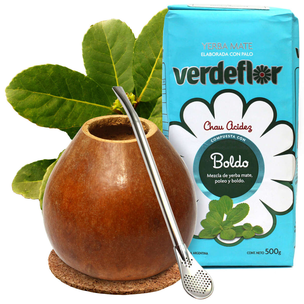 Argentyński Zestaw Yerba Mate Verdeflor Boldo 500g z naturalną tykwą ...